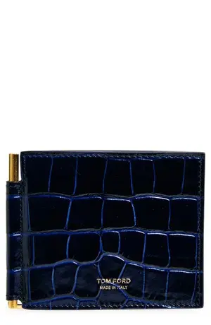 Tom Ford T-Line Croc Embossed Leather Money Clip Wallet - Royal
